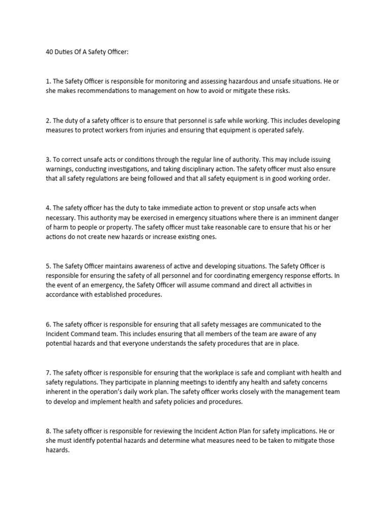 Safety Officer Duties | PDF | Occupational Safety And Health | Safety