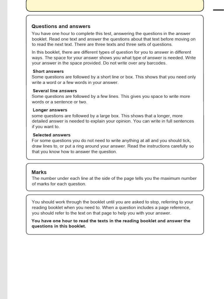 Year 6 Reading Comprehension English 2016 Sample Reading ANSWER Booklet ...