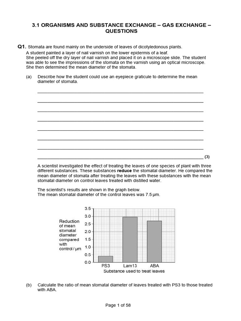 3.2 Organisms and Substance Exchange - Gas Exchange 1 - Questions ...