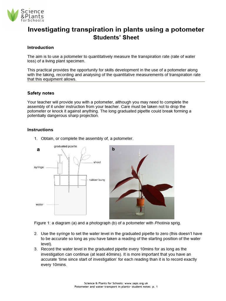 Potometer Experiment for Transpiration Study | PDF | Water | Experiment