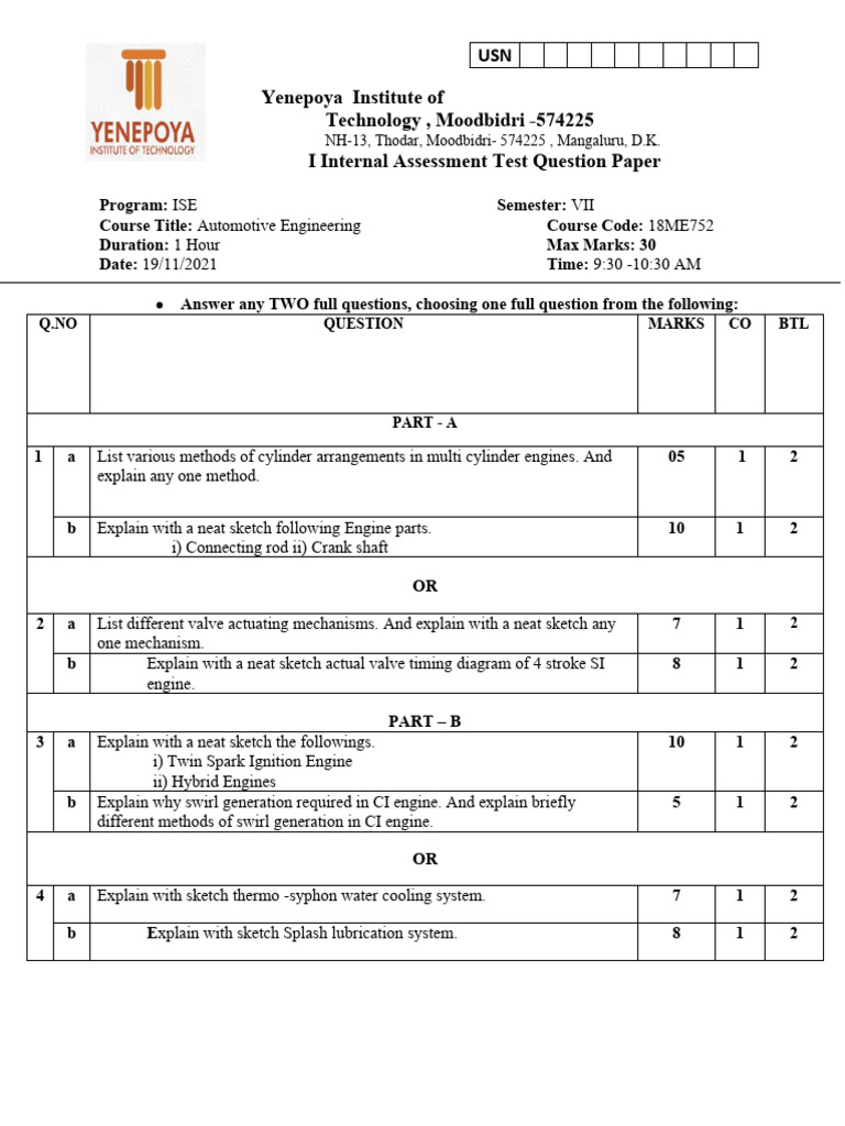 Automotive Engineering Test Paper VII | PDF