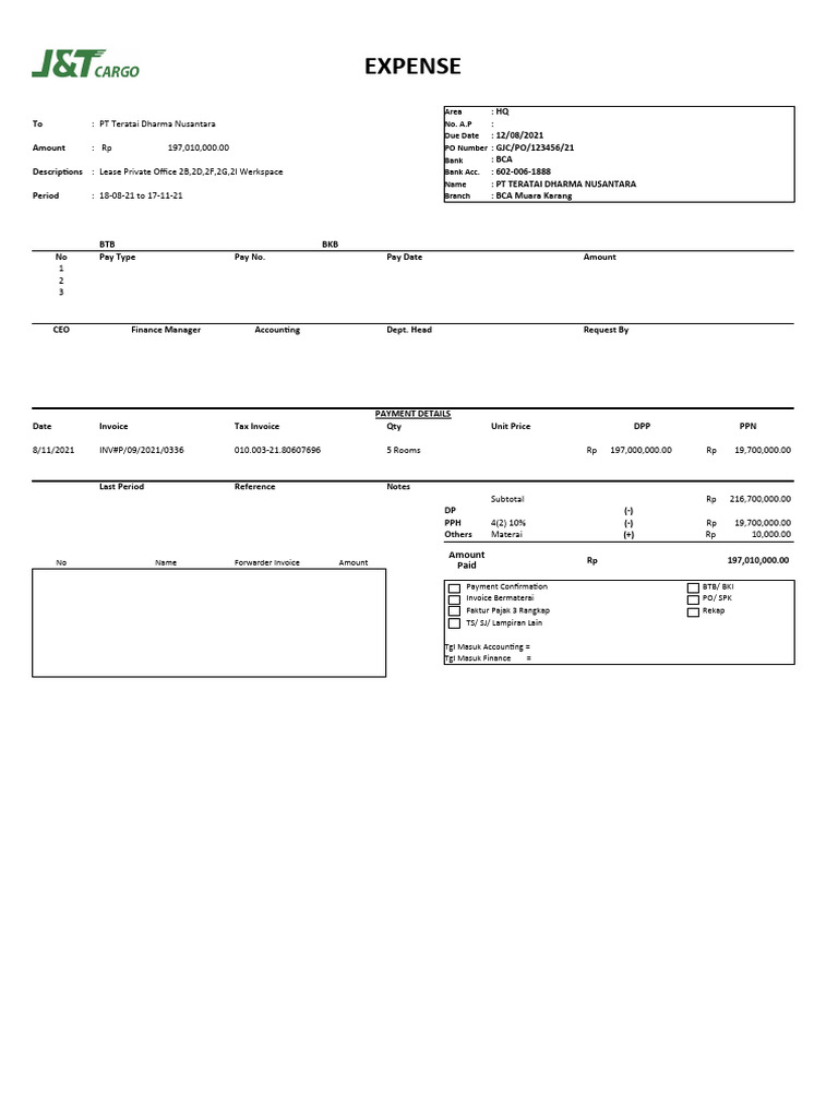 J&T Cargo Invoice and Expense Overview | PDF | Invoice | Economies