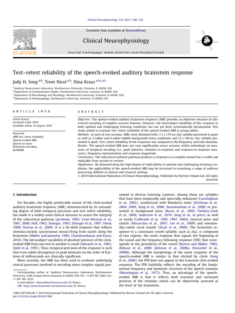 Test-Retest Reliability of The Speech-Evoked Auditory Brainstem ...