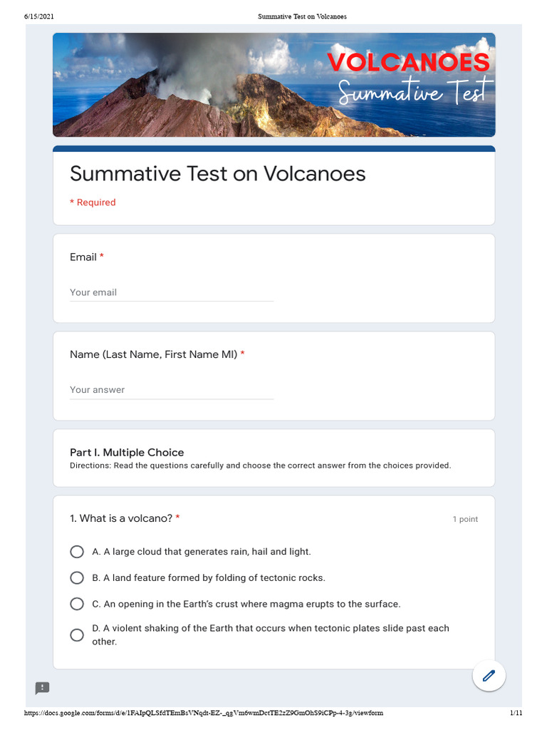 Summative Test On Volcanoes | PDF | Volcano | Types Of Volcanic Eruptions