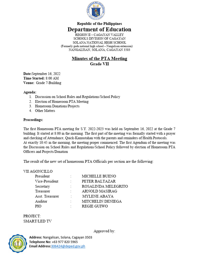 Minutes of The PTA Meeting | PDF