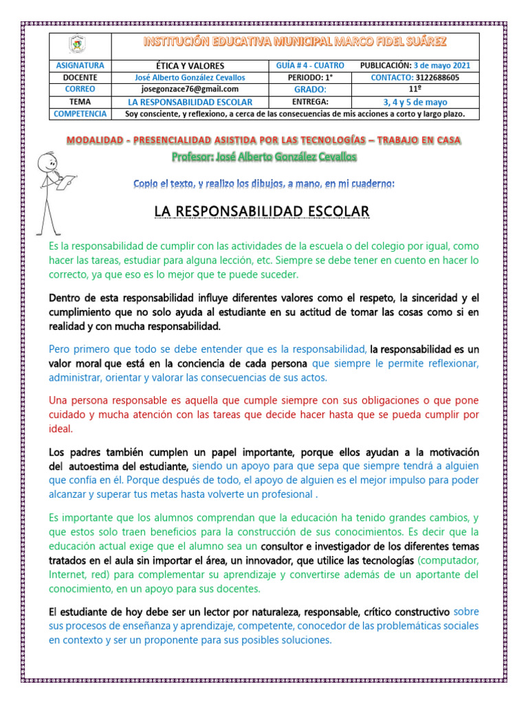 Guia 4 La Responsabilidad Escolar 11 Etica y Valores Jose Gonzalez ...