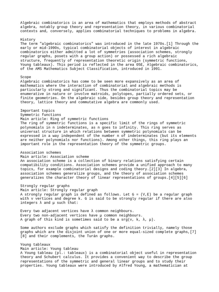 Algebraic Combinatorics | PDF | Combinatorics | Mathematics Algebraic Combinatorics | PDF | Combinatorics | Mathematics