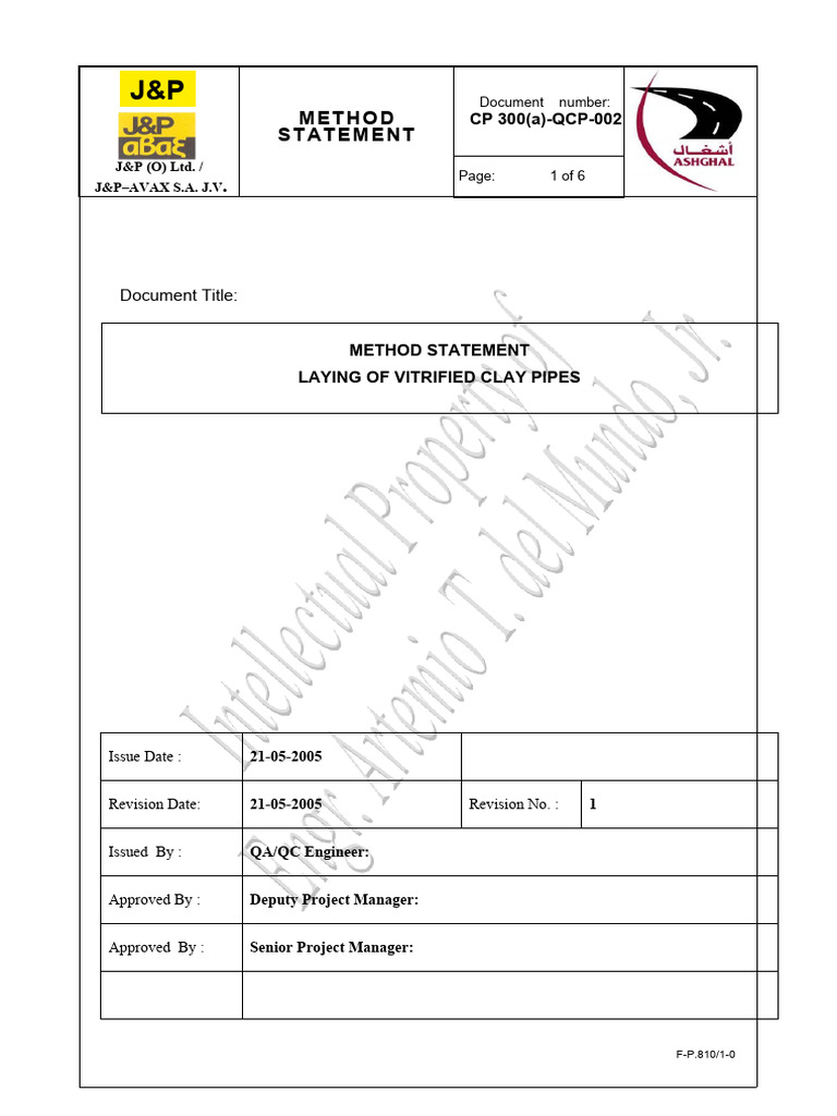 CP 300 (A) - QCP-002 Laying of Vitrified Clay Pipes Rev. 01 | PDF ...