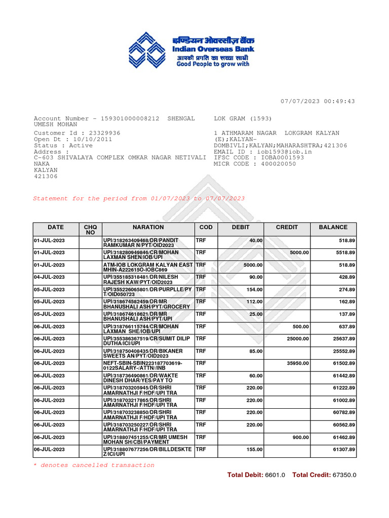 IOB UPI Transaction Statement: July 2023 | PDF | E Commerce | Reserve ...