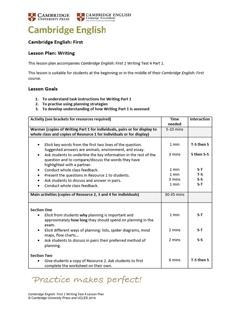 Lesson Plan For Cambridge English First Writing | PDF | English ...