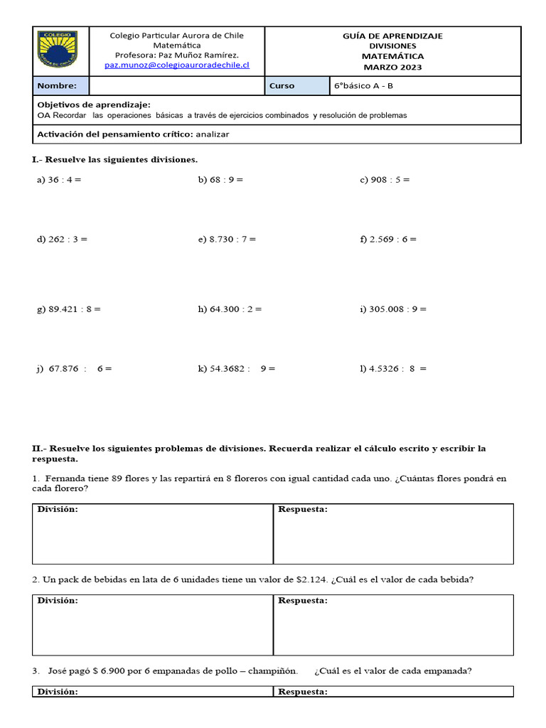 Guía de Divisiones para Sexto Grado | PDF