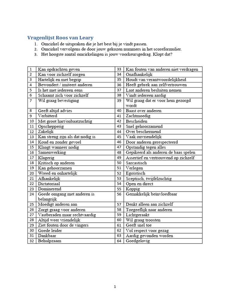 Vragenlijst Roos Van Leary | PDF