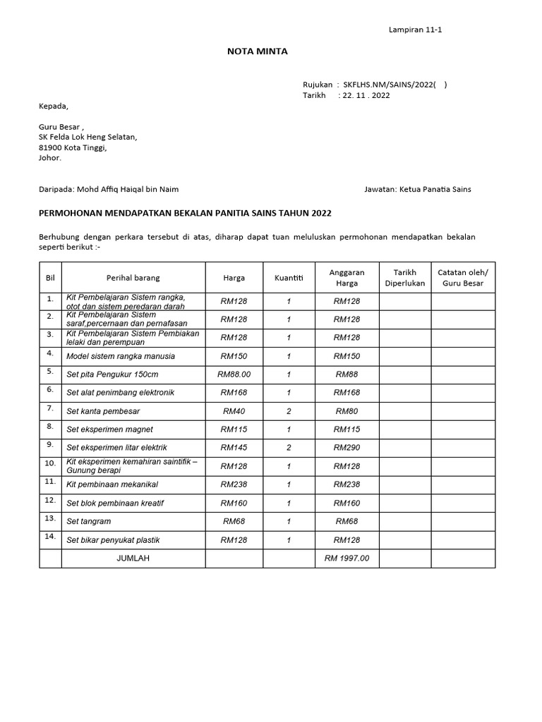 Nota Minta Panitia Sains 2022 | PDF