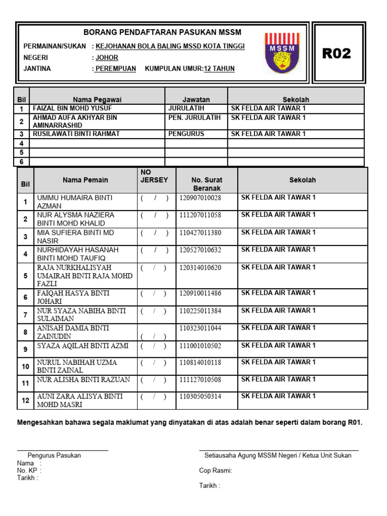 Borang Pendaftaran R02 BOLA BALING | PDF