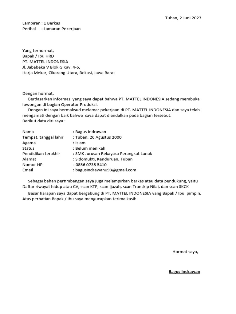 Surat Lamaran PT. Mattel | PDF