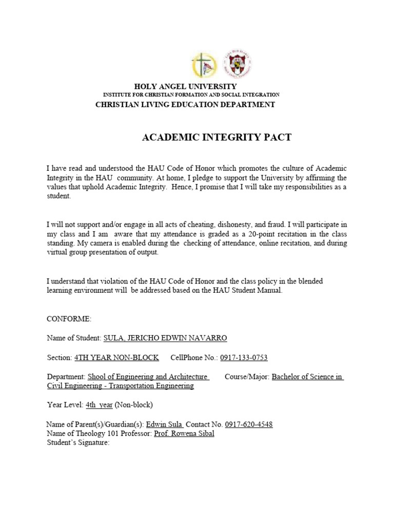 Academic Integrity Pact (Sula, Jericho) | PDF