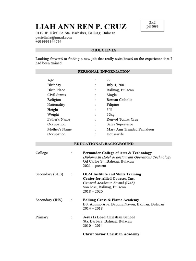 Resume of Liah Ann Ren P. Cruz | PDF