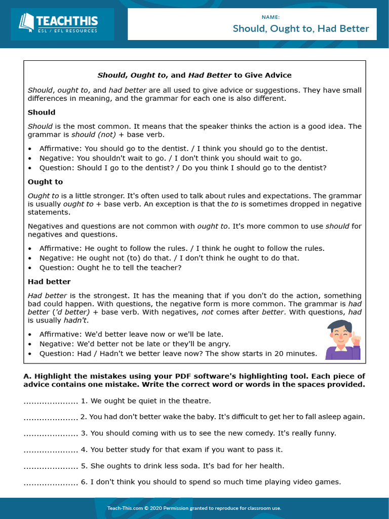 B1.2 - Should Ought To Had Better Interactive Worksheet | PDF | English ...