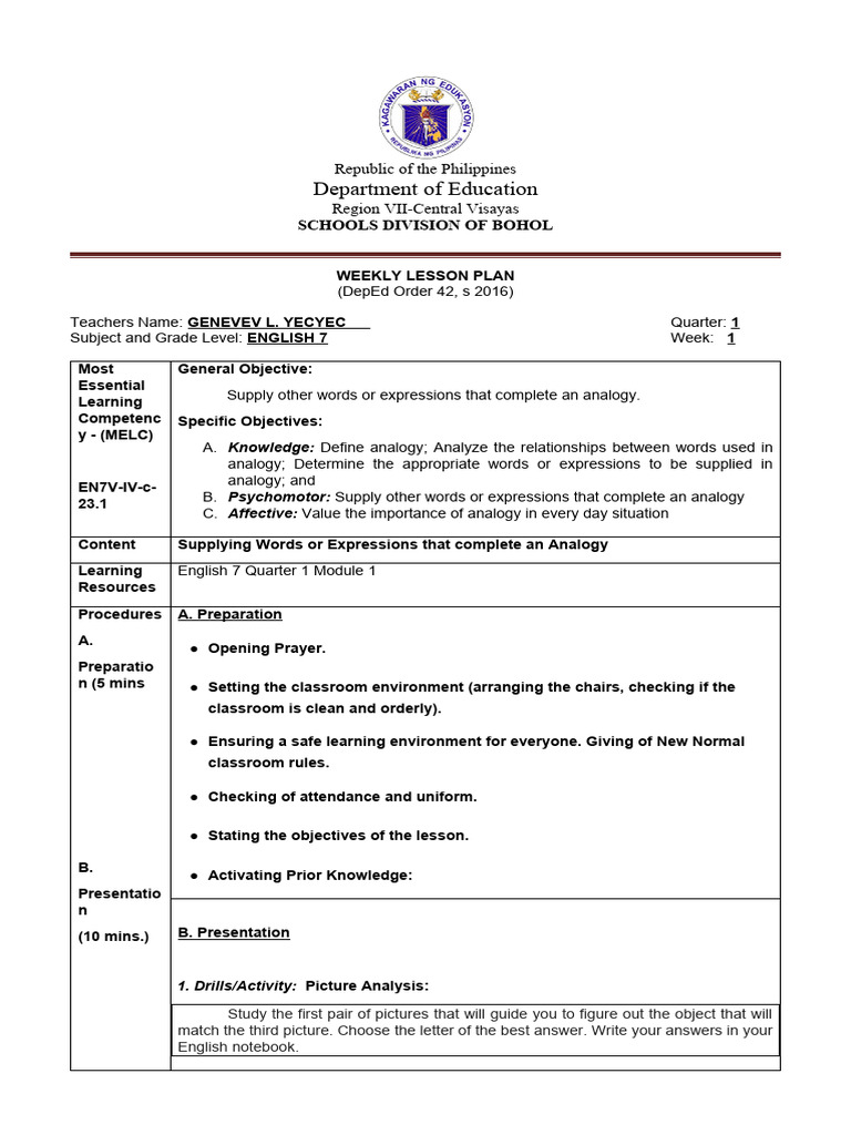 Protype Lesson Plan ENGLISH GRADE 7 Q1 | PDF | Pie Chart