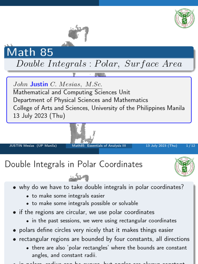 Math 85 Lec8 Double Int Polar Surface Area Appn | PDF | Euclidean Vector | Area