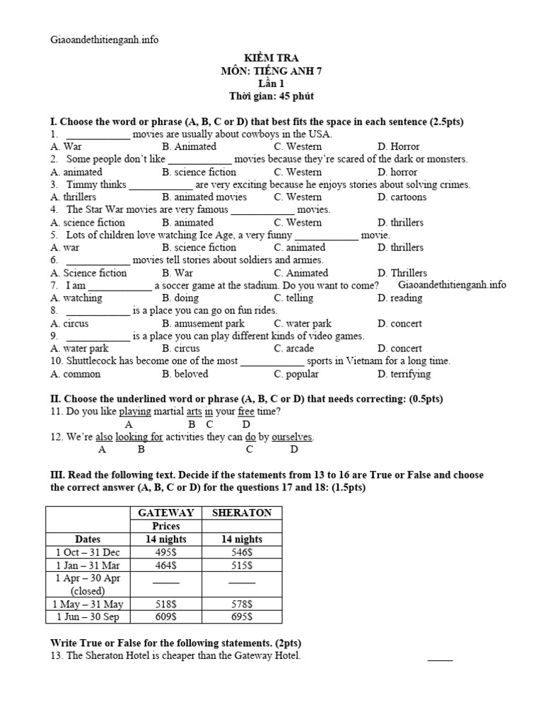 BỘ ĐỀ KIỂM TRA ĐỊNH KỲ TA7 SMART WORLD SW7 - 45p - 1 - HK1 | PDF