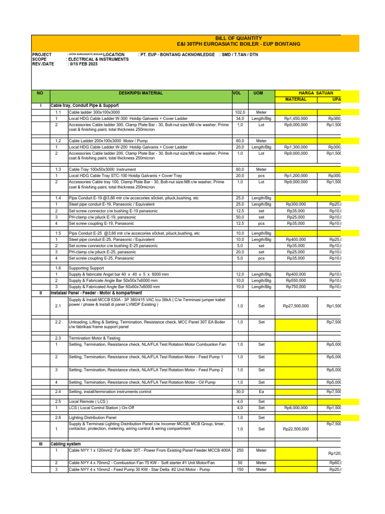 BoQ - E&I 30TPH EA Boiler EUP Bontang PDF | PDF | Electrical Connector | Polyvinyl Chloride