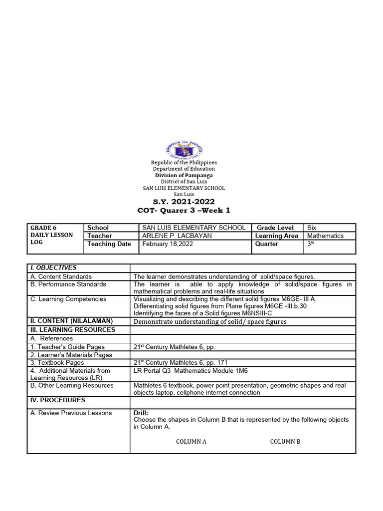 COT-1-SOLID-FIGURES Grade 6 | PDF | Shape | Learning