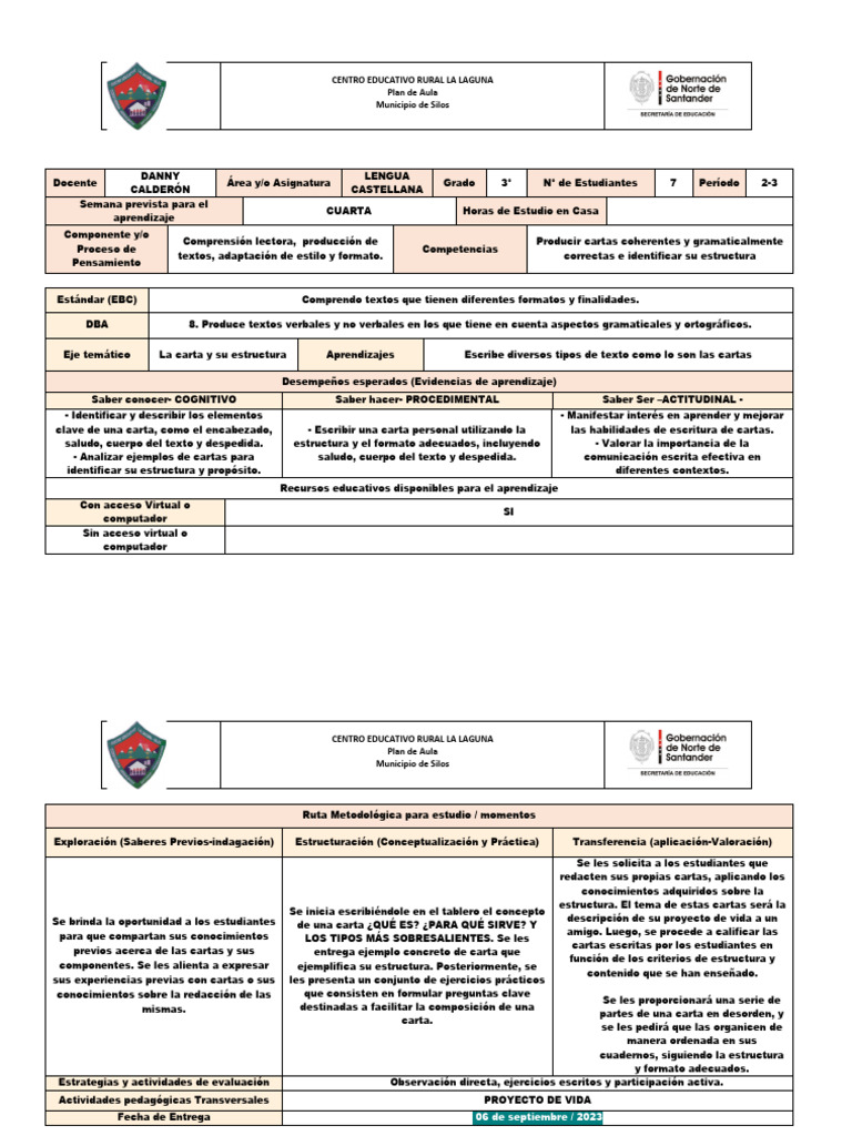 Plan de Aula: Escritura de Cartas 3° Grado | PDF | Aprendizaje ...