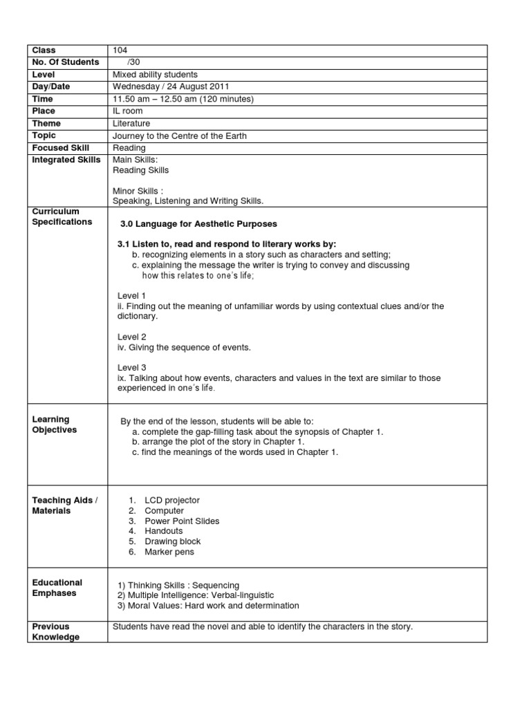Journey to the Centre of the Earth Lesson Plan | PDF | Cognition | Learning