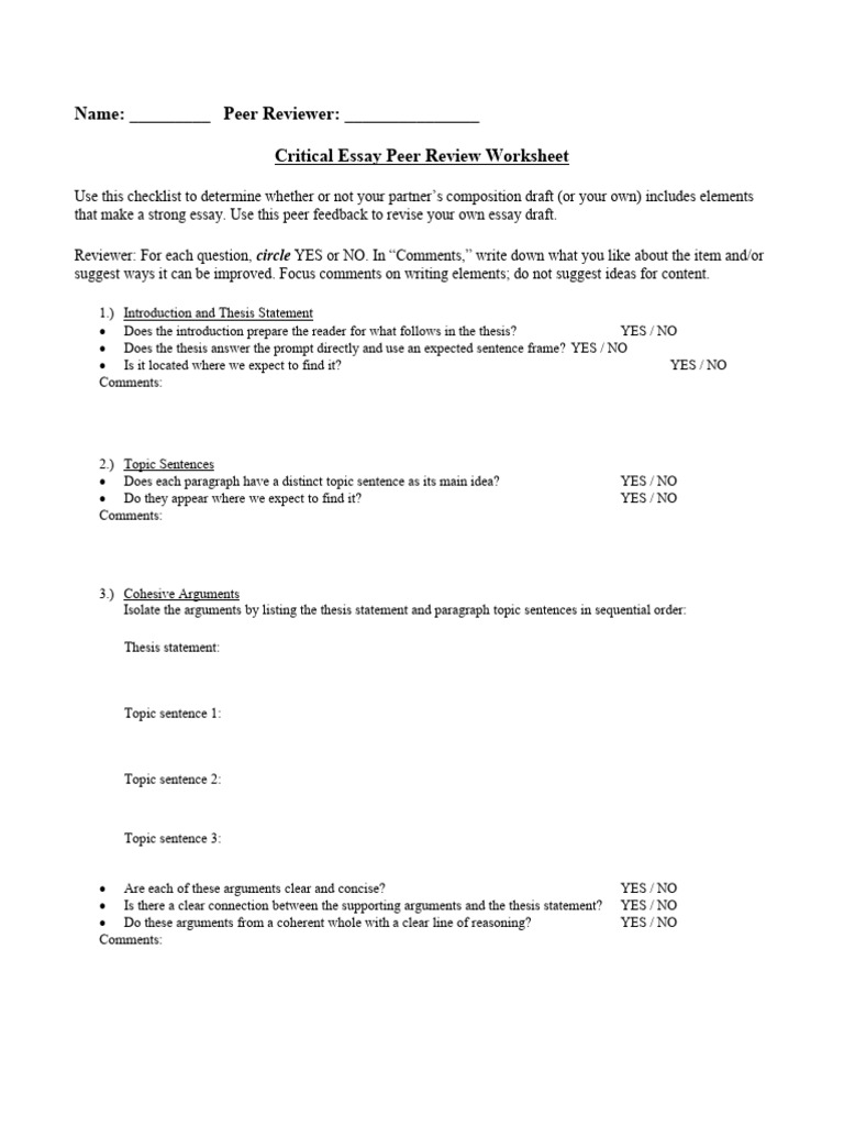 Critical Essay Peer Review Worksheet - 09.27.22 | PDF | Essays | Human ...