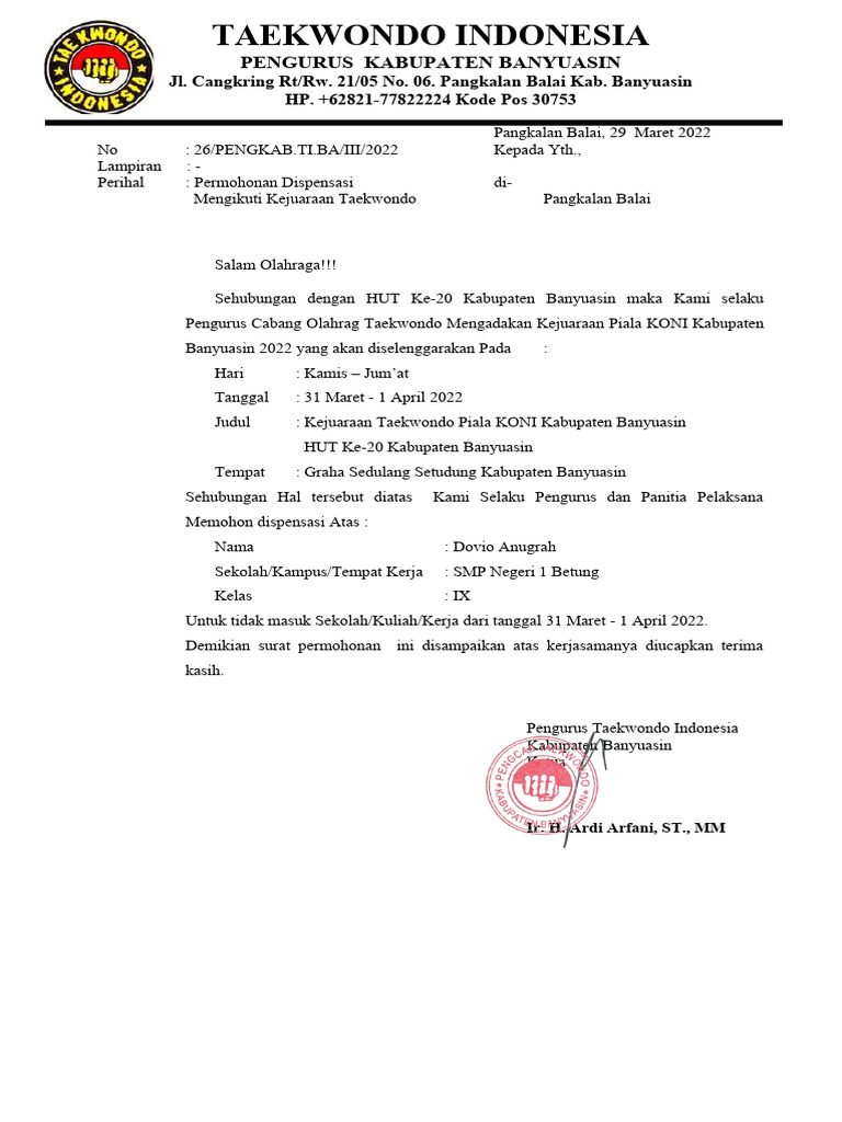 Surat Izin'Taekwondo | PDF