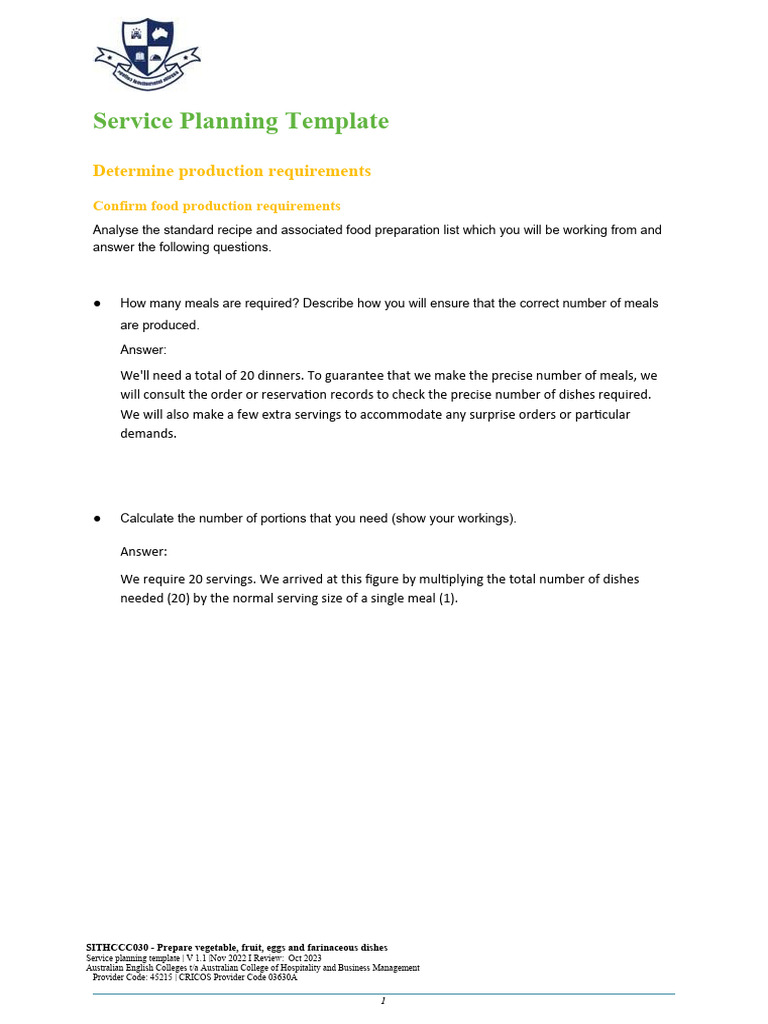Service Planning Template for Meals | PDF | Food And Drink | Nutrition