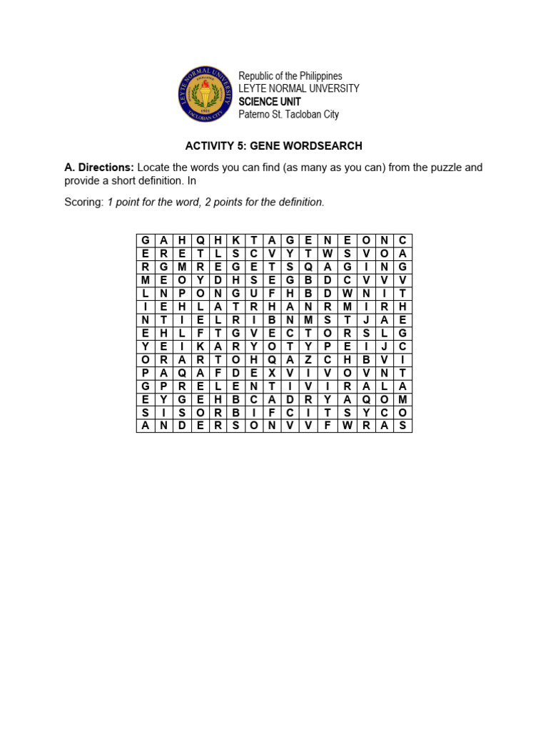 Activity 5 - Gene Wordsearch | PDF