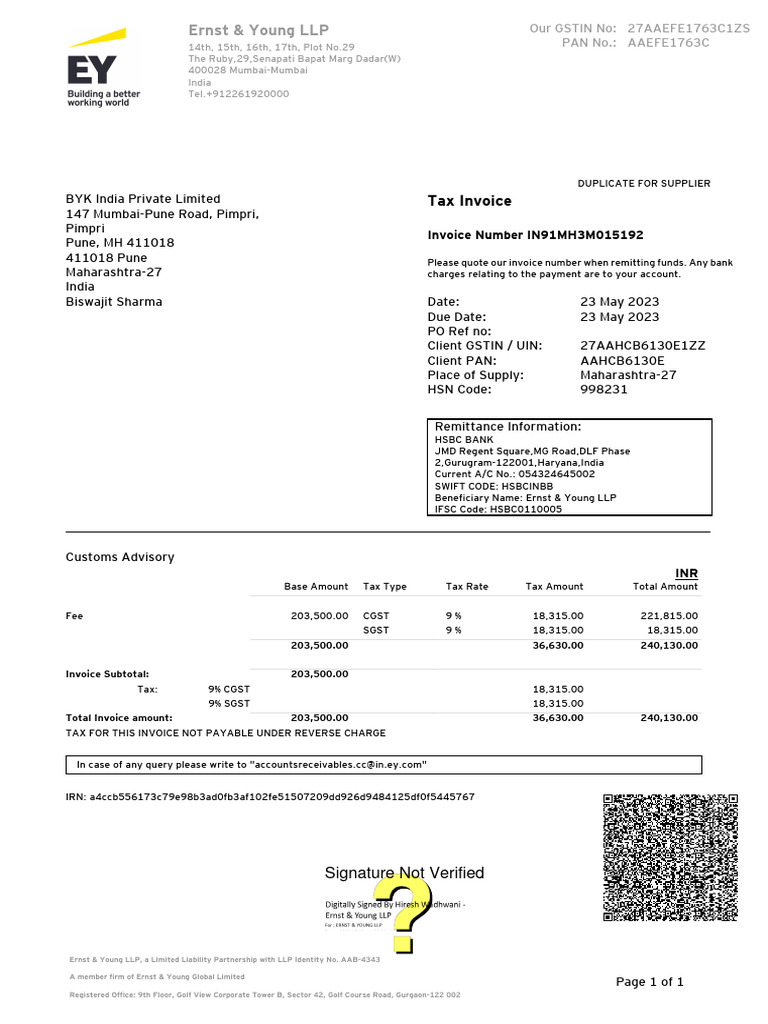 EY Invoice - DUP - IN91MH3M015192 | PDF | Invoice | Business Economics