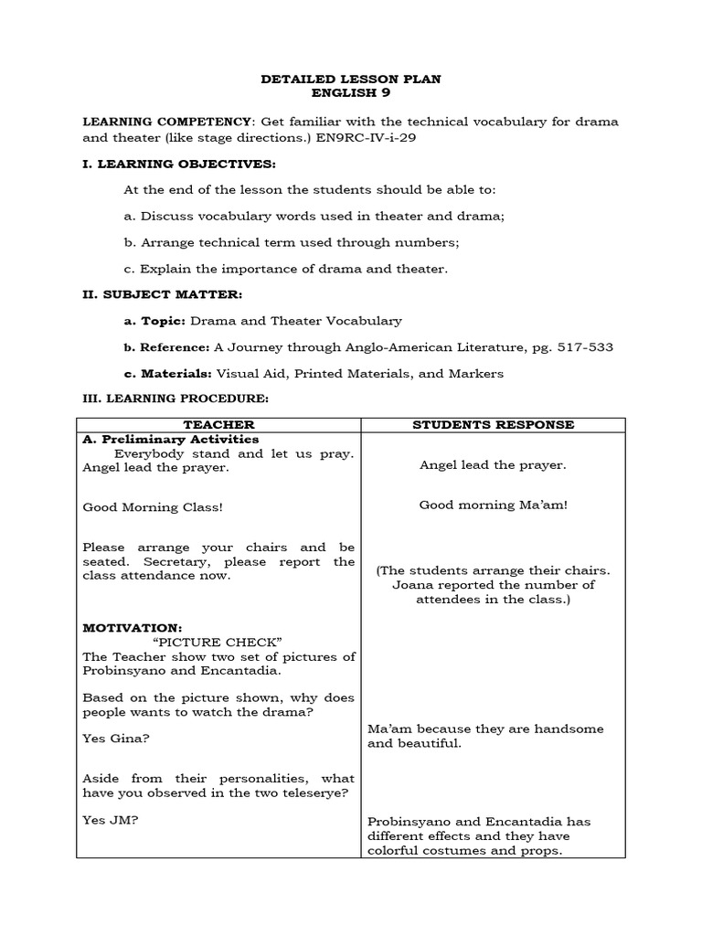 Detailed Lesson Plan | PDF | Lesson Plan | Theatre