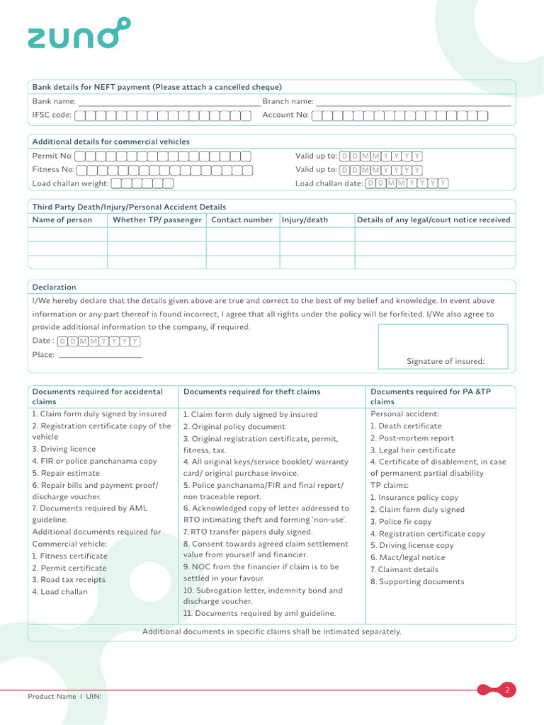 Zuno Motor Claim Form-Page2 | PDF | Driver's License | Payments