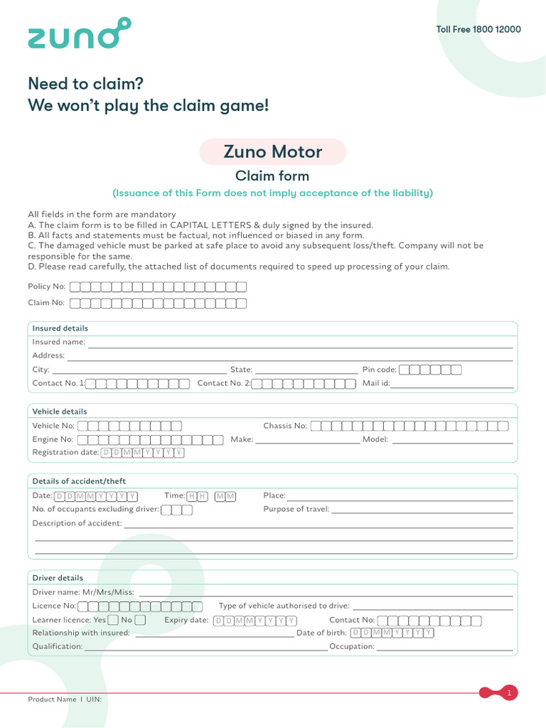 Zuno Motor Claim Form-Page1 | PDF | Law