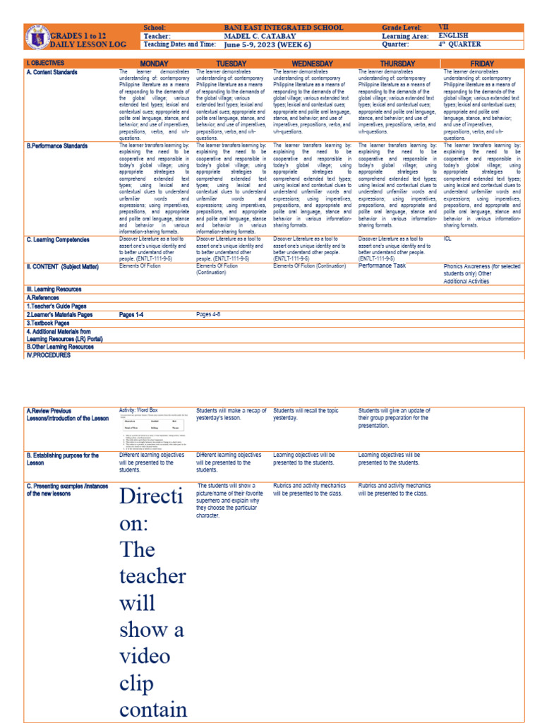 DLL ENGLISH 7 WEEK 6 q4 Final | PDF | Learning | Teachers
