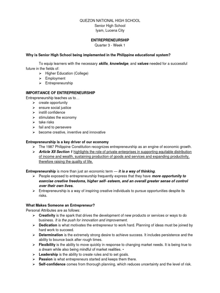 Lecture Notes - Entrep - Q3 - Week1 | PDF | Entrepreneurship | Economies