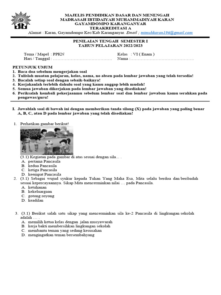 Soal & Jawaban PTS PPKN Kelas 6 Semester 1 Tahun 2021 | PDF