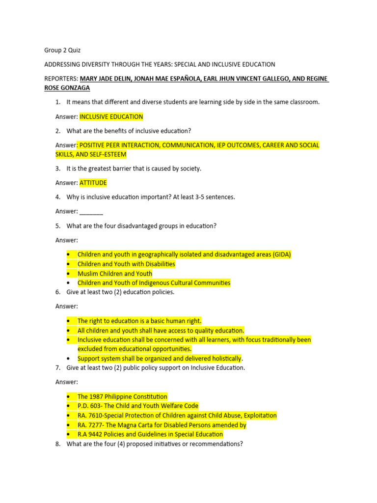 Group 2 Quiz ANSWER KEY | PDF | Special Education | Inclusion (Education)