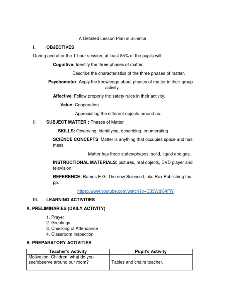 A Detailed Lesson Plan in Science | Download Free PDF | Matter | Teachers