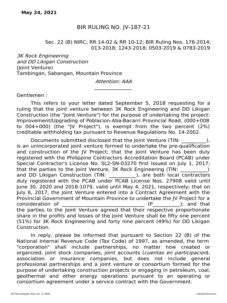 BIR Ruling on Joint Venture Tax Exemption | PDF | Corporate Tax | Joint Venture