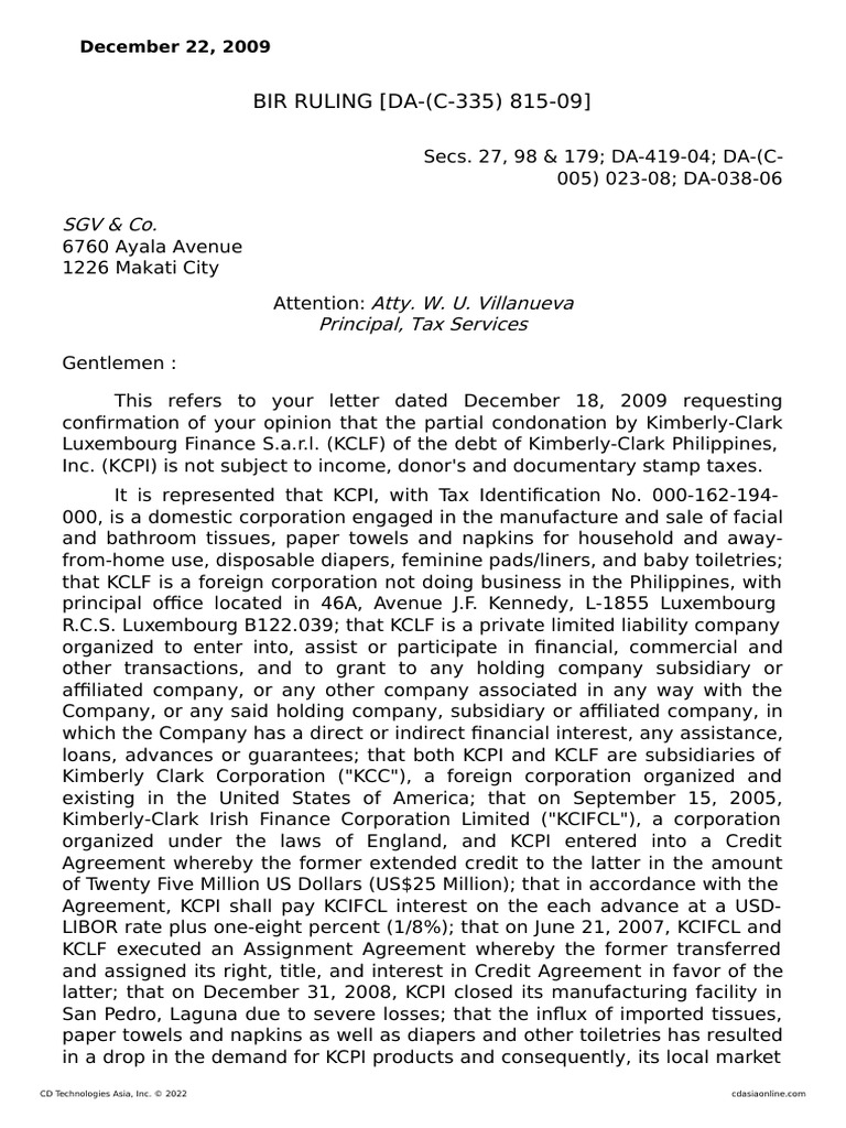 BIR Ruling (DA-335) 815-09 | PDF | Income | Debt