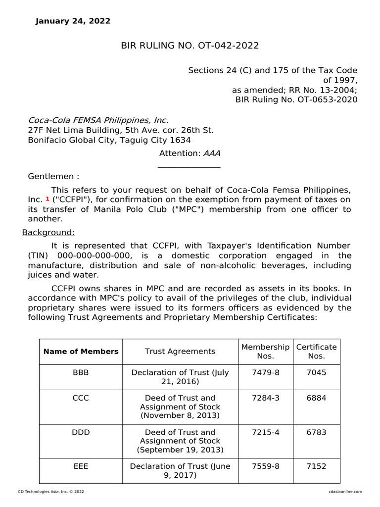 Bir Ruling No. Ot-042-2022 | PDF | Trust Law | Title (Property)