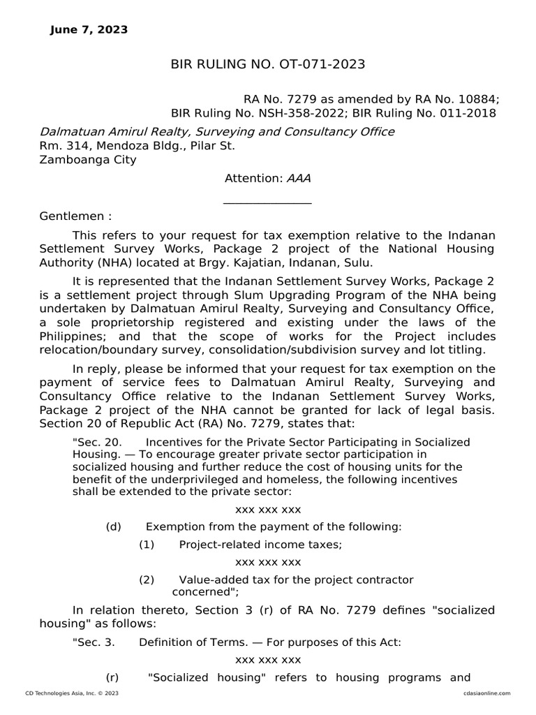 Bir Ruling No. Ot-071-2023 | PDF | Taxes | Tax Exemption