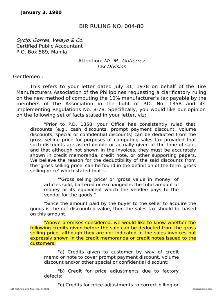 Bir Ruling No. 004-80 | PDF | Invoice | Prices