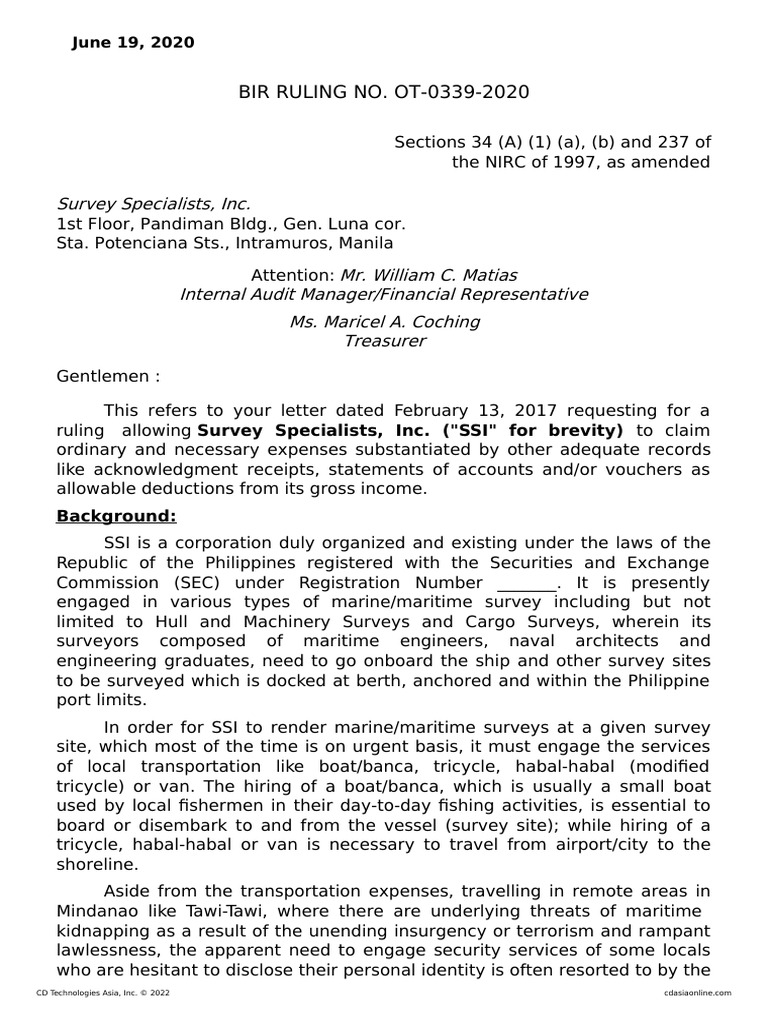 BIR Ruling on SSI Expense Deductions | PDF | Tax Deduction | Expense
