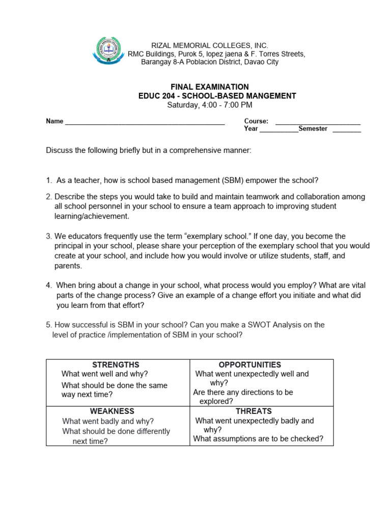 EDUC 204 - School Based MGT - FINAL EXAM | PDF