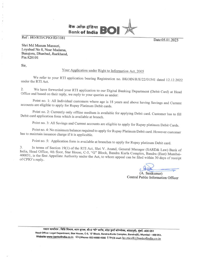 BOI Rupay Platinum Debit Card | PDF